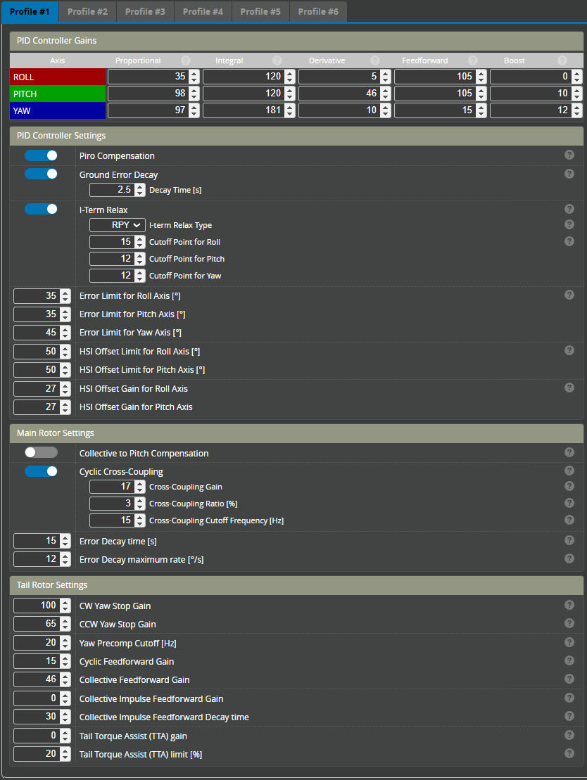 Tuning examples and presets | Rotorflight